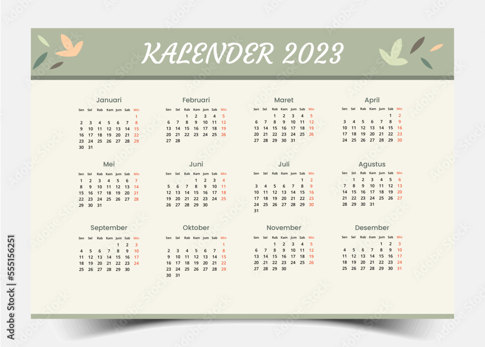 Kalender 2023 Indonesia Template Vector Illustration. Calendar pastel ...