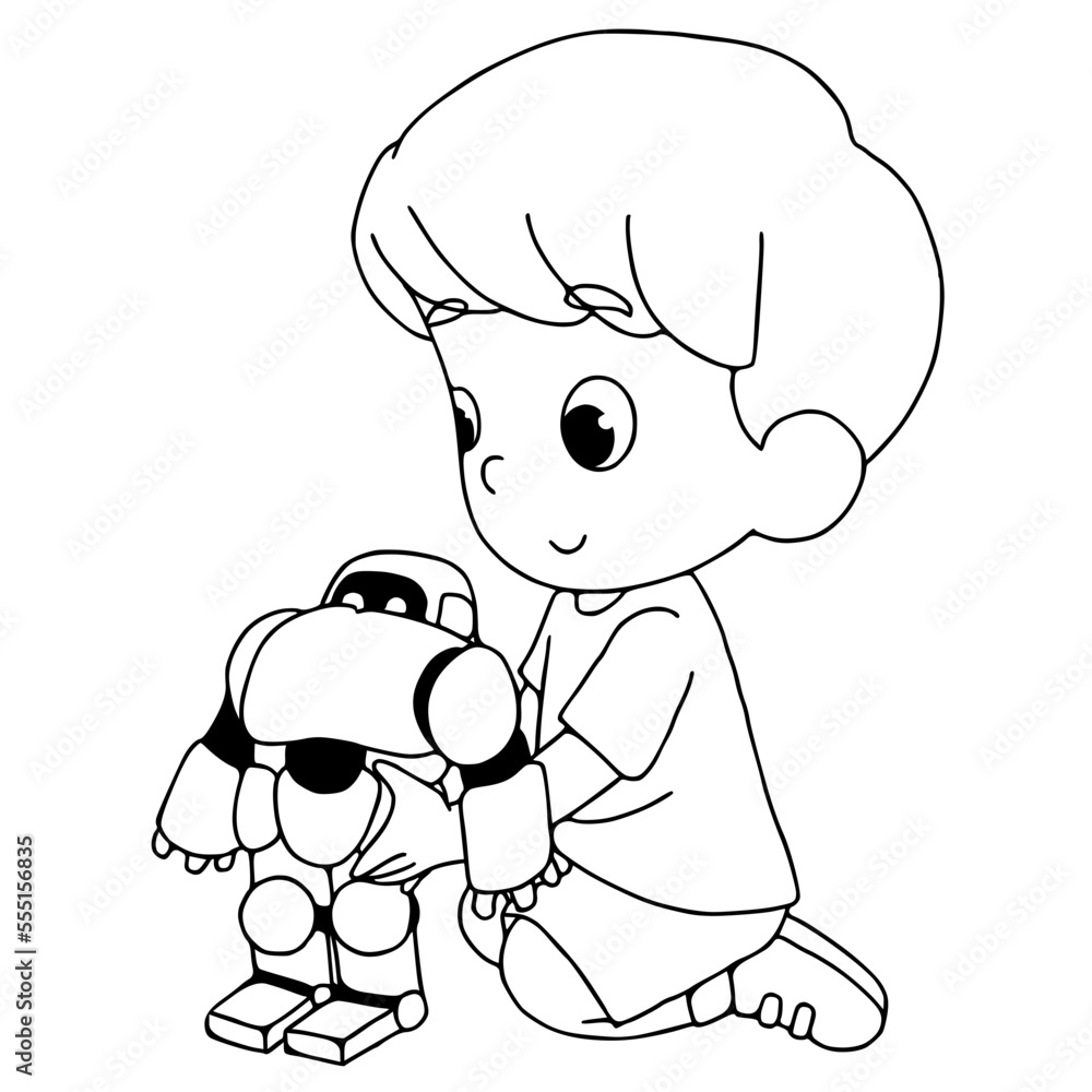 Child playing Robot toy coloring pages vector illustration isolated on ...