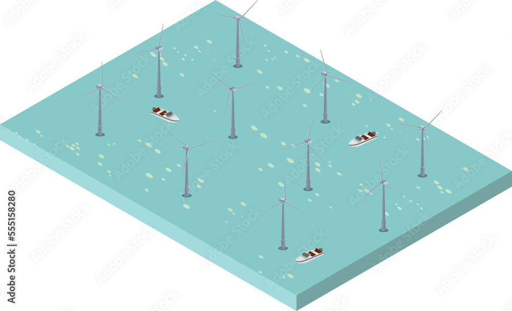 isometric scene of Wind turbines generating electricity and speed boat in the river ocean Stock ...