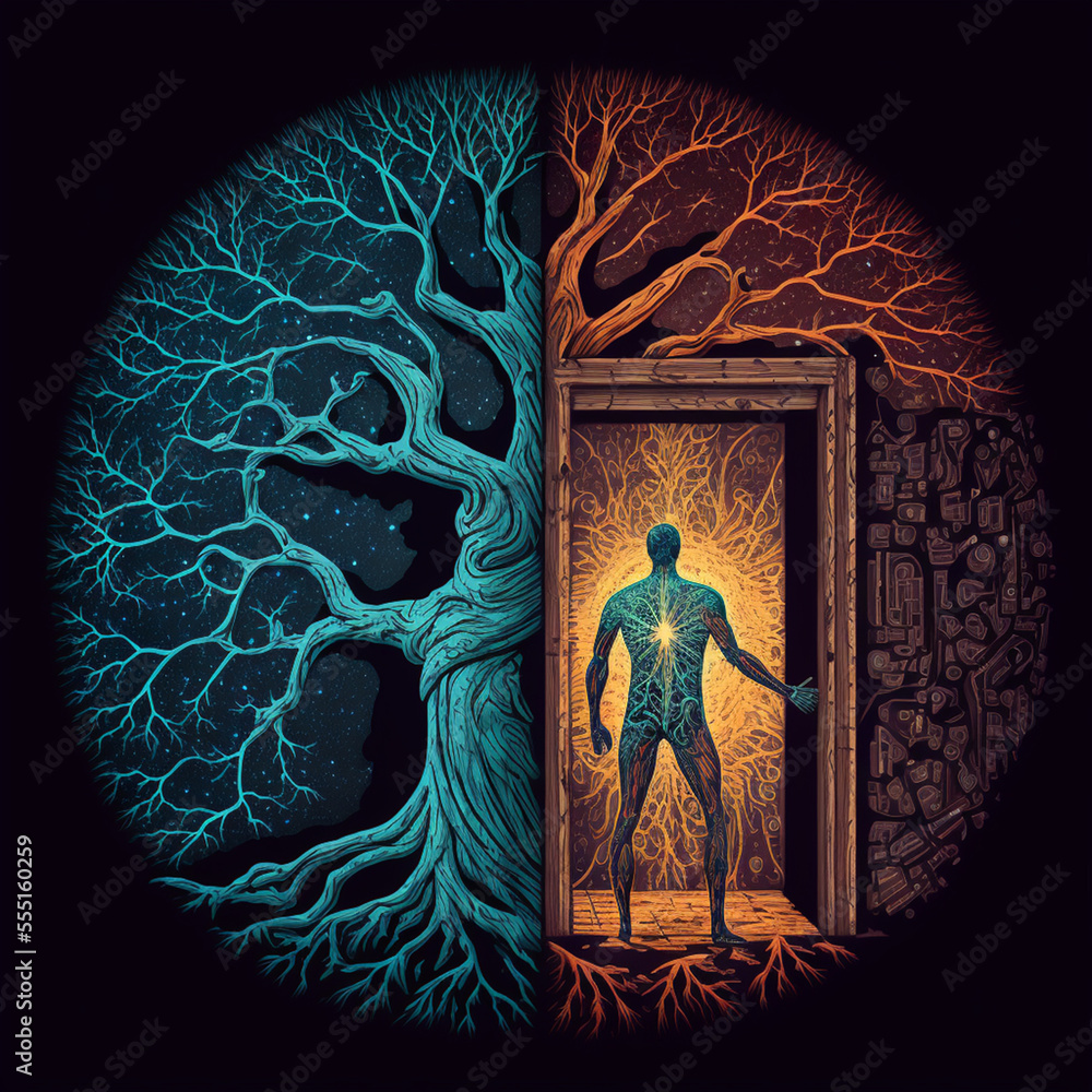 Illustration of humankind enters to the mystical portal made of tree of ... Illustration of humankind enters to the mystical portal made of tree of ...