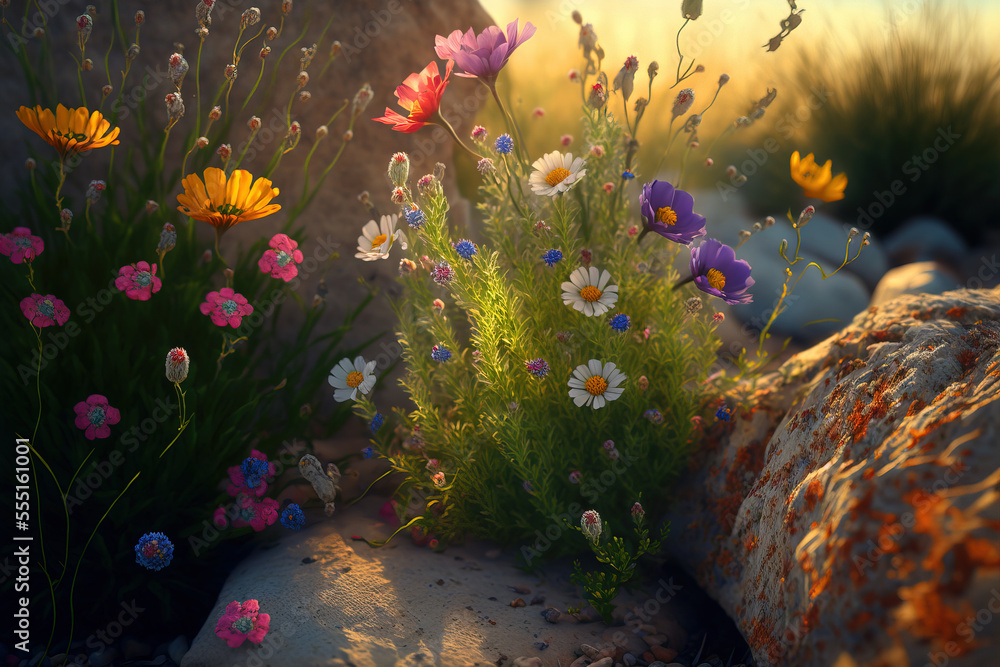 Tall and short wild flowers of all colors, growing on rocks. Beautiful ...