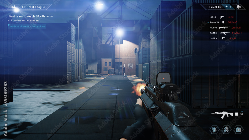 Night Video Game Mock Up Concept Game Play Of Multiplayer 3d Shooter Fun Fps For Pro Gamers
