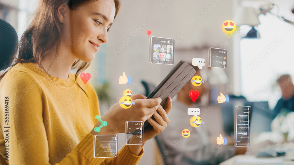 Social Media Visualization Concept: Happy Young Woman Uses Digital ...