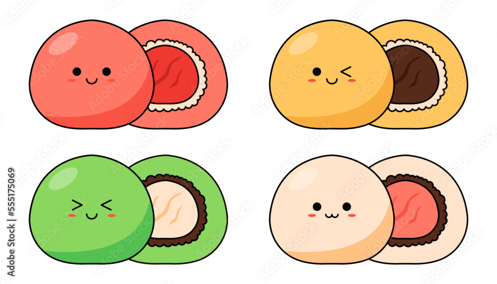 Kawaii mochi set with smiling face and pink cheeks isolated on a white ...