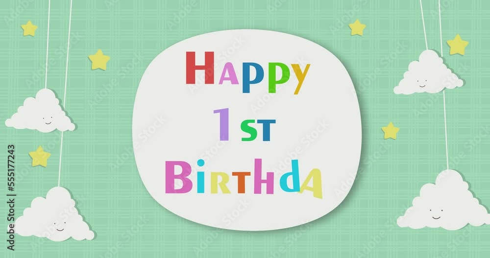 Baby first birthday text with floating cute clouds motion graphic ...