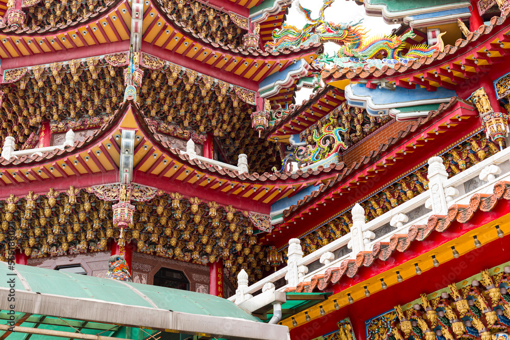 Ancient Chinese temple architecture with different ornaments of Chinese ...