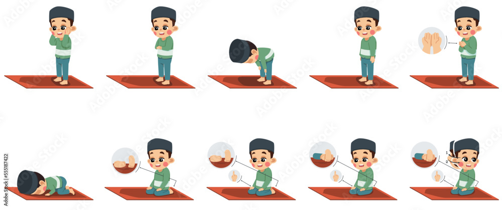 Kid Boy Performing How to Shalat Movements Stock Vector | Adobe Stock