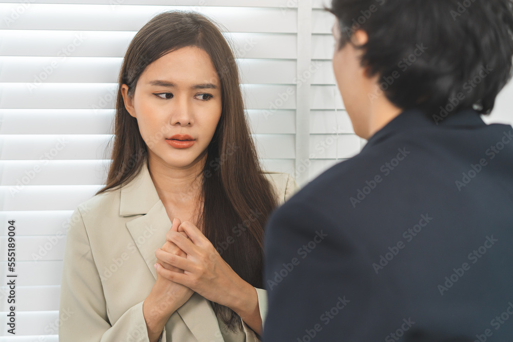 Panic, disgusted asian young employee, pressure business woman ...