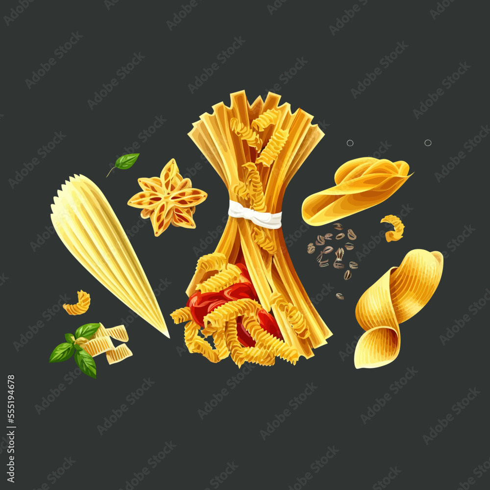 Realistic pasta types, farfalle, spaghetti and penne macaroni. Isolated ...