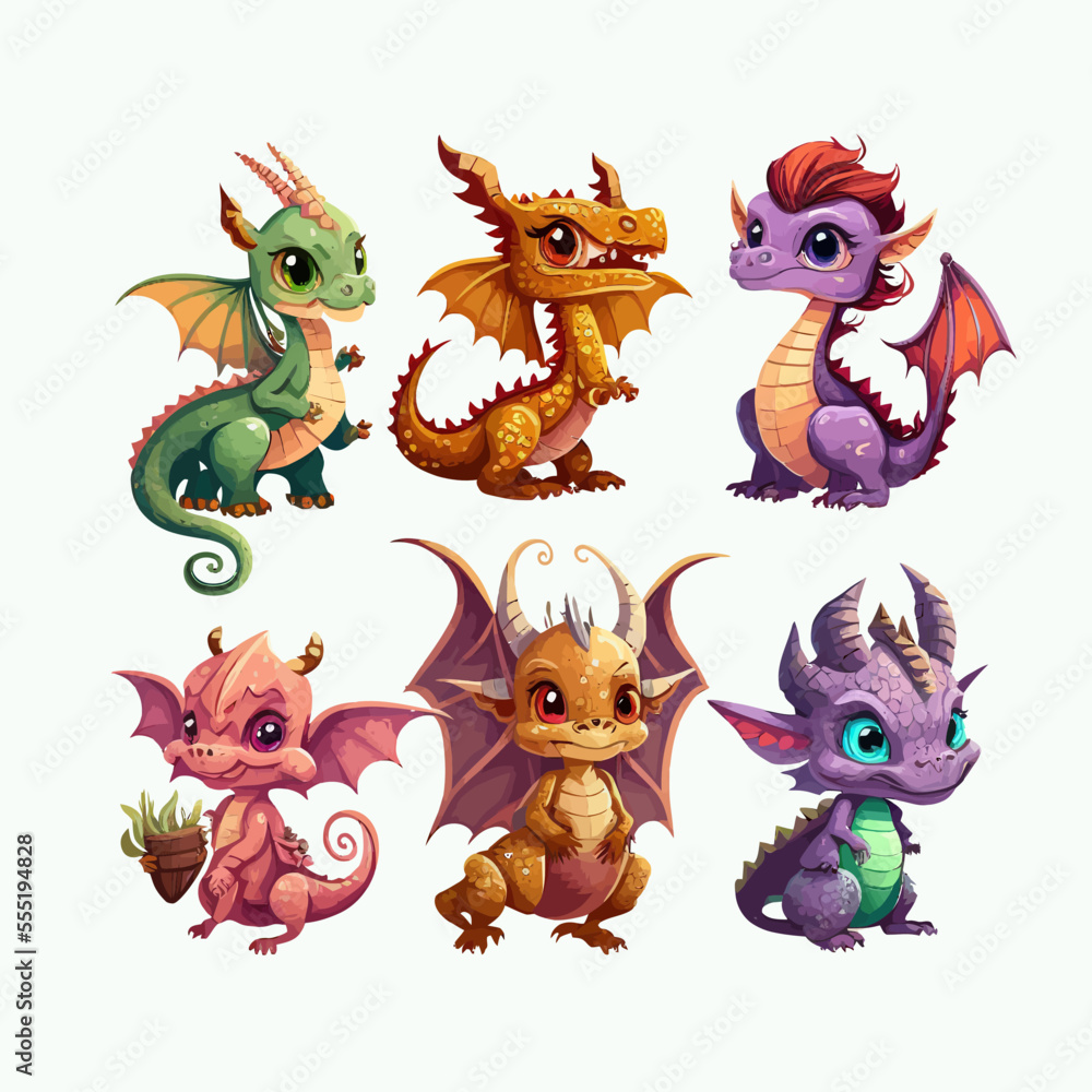 Cartoon cute baby fairytale fantasy dragons characters. Isolated on ...