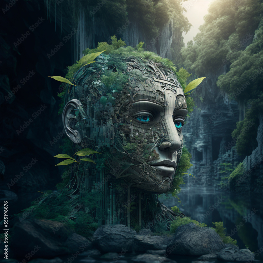 AI generated art of human consciousness. Face of avatar in nature mode ...