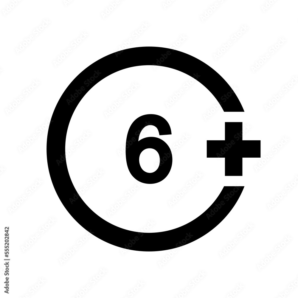 Six plus icon. Number 6 in circle isolated on white background. Age ...