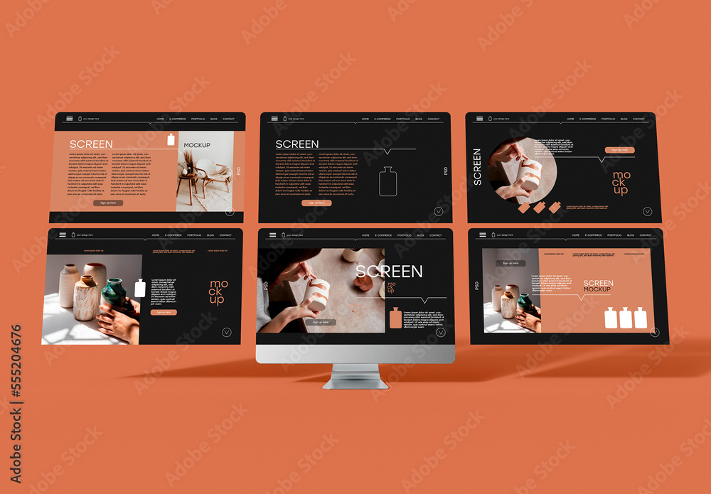 Computer with Floating Screens Mockup Stock Template | Adobe Stock