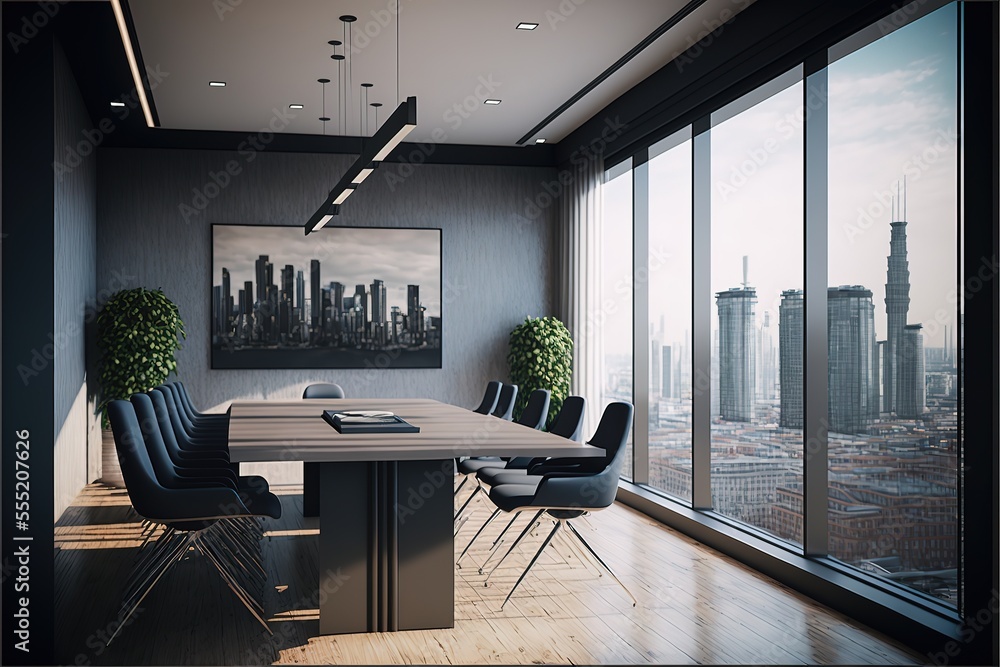 Meeting room in high-rise building with a view at the skyline ...
