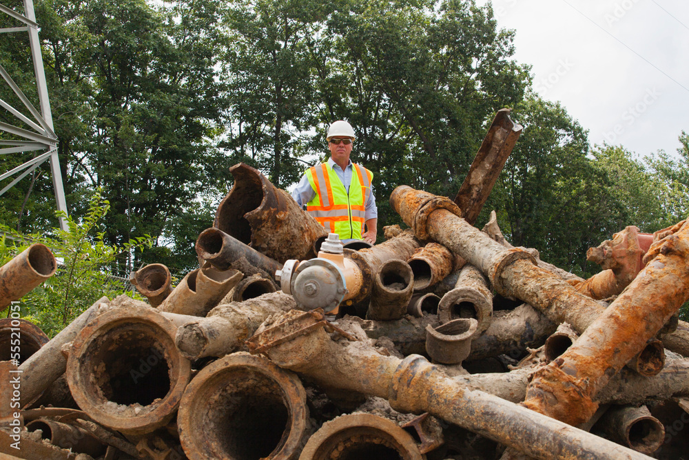 Engineer with old water pipes removed from city piping underground ...