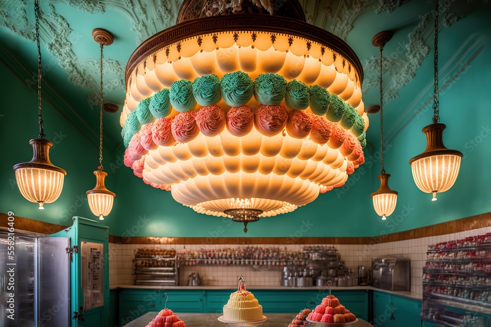 an ultra wide angle photo of a whimsical chandelier made of birthday ...