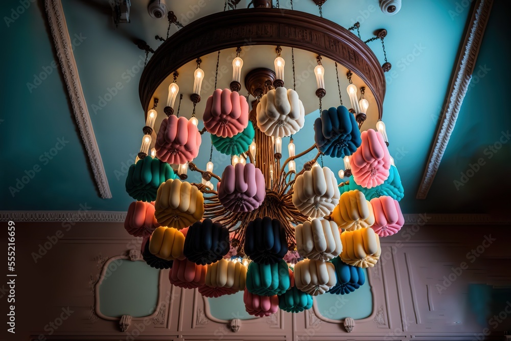 an ultra wide angle photo of a whimsical chandelier made of birthday ...