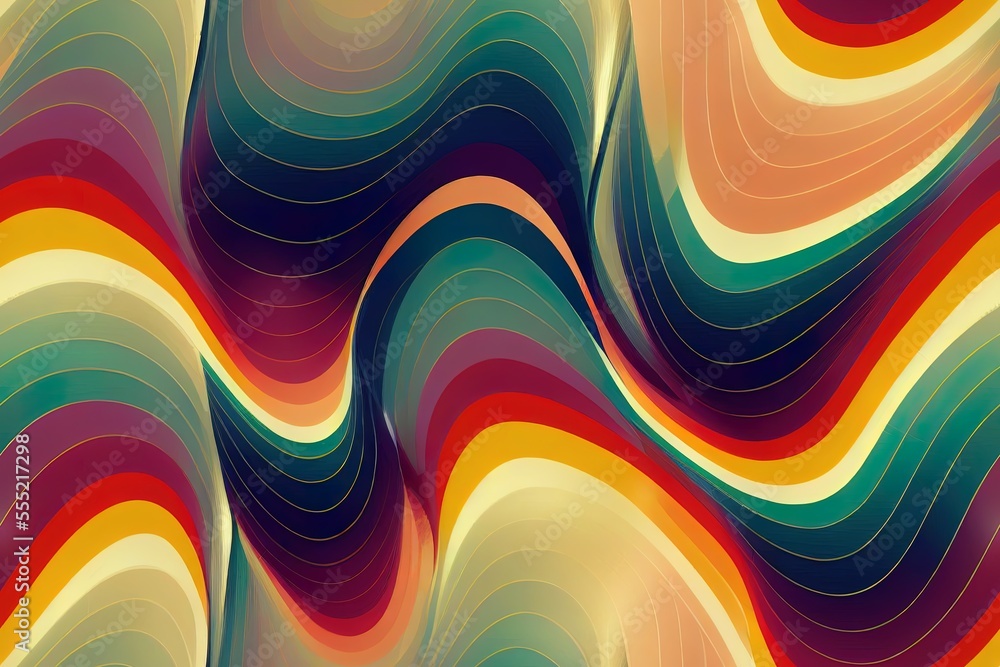 Awesomely groovy vintage seamless design. Rainbow waves in the style of ...
