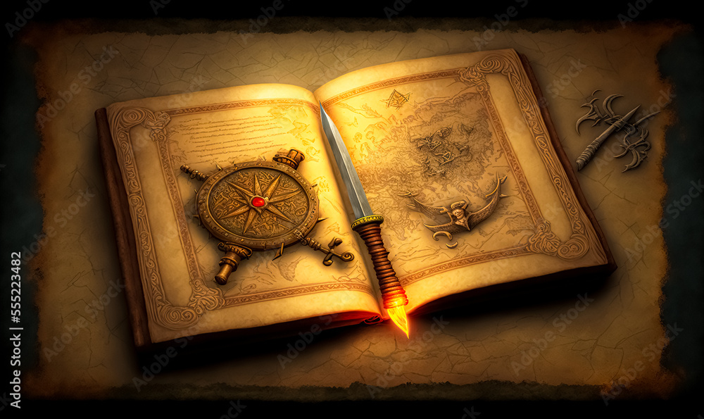 Fantasy background with ancient magic book and map Stock Illustration ...