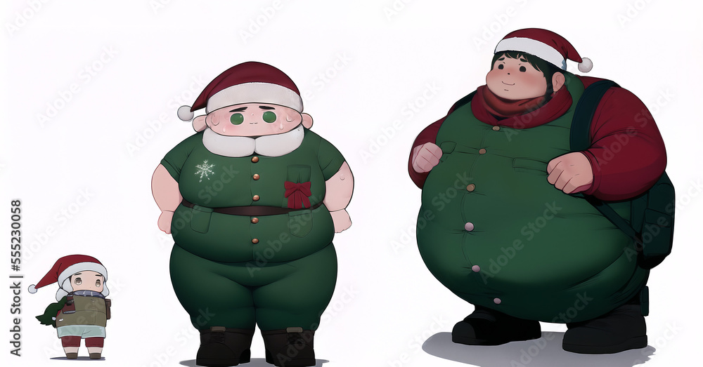 A trinity of very fat Christmas elves in santa hat: elf son, elf mom and elf dad. On a white ...