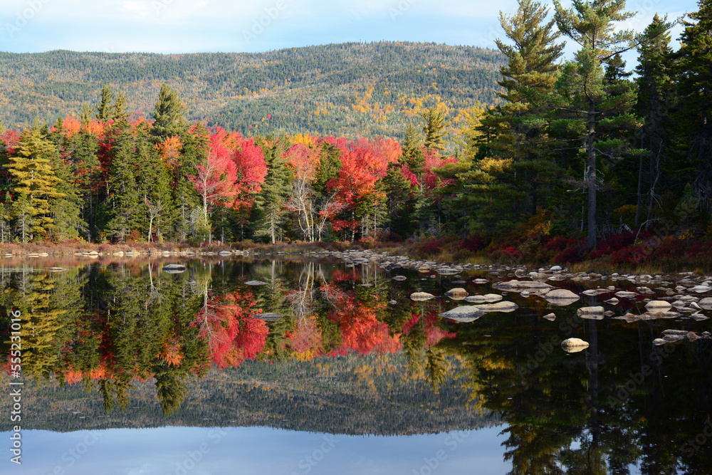 Fall foliage and rocky shoreline reflected in the still water of a pond ...