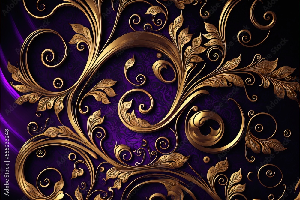 a purple and gold background with a swirly design on it's side and a ...