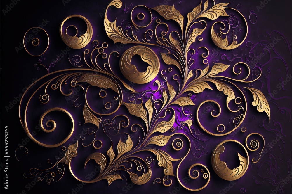 a purple and gold wall with a decorative design on it's side and a ...