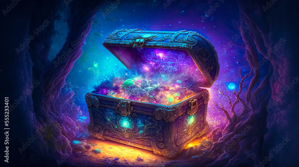 Opened Treasure Chest with Glowing Sparkles and Stars. Fantasy ...