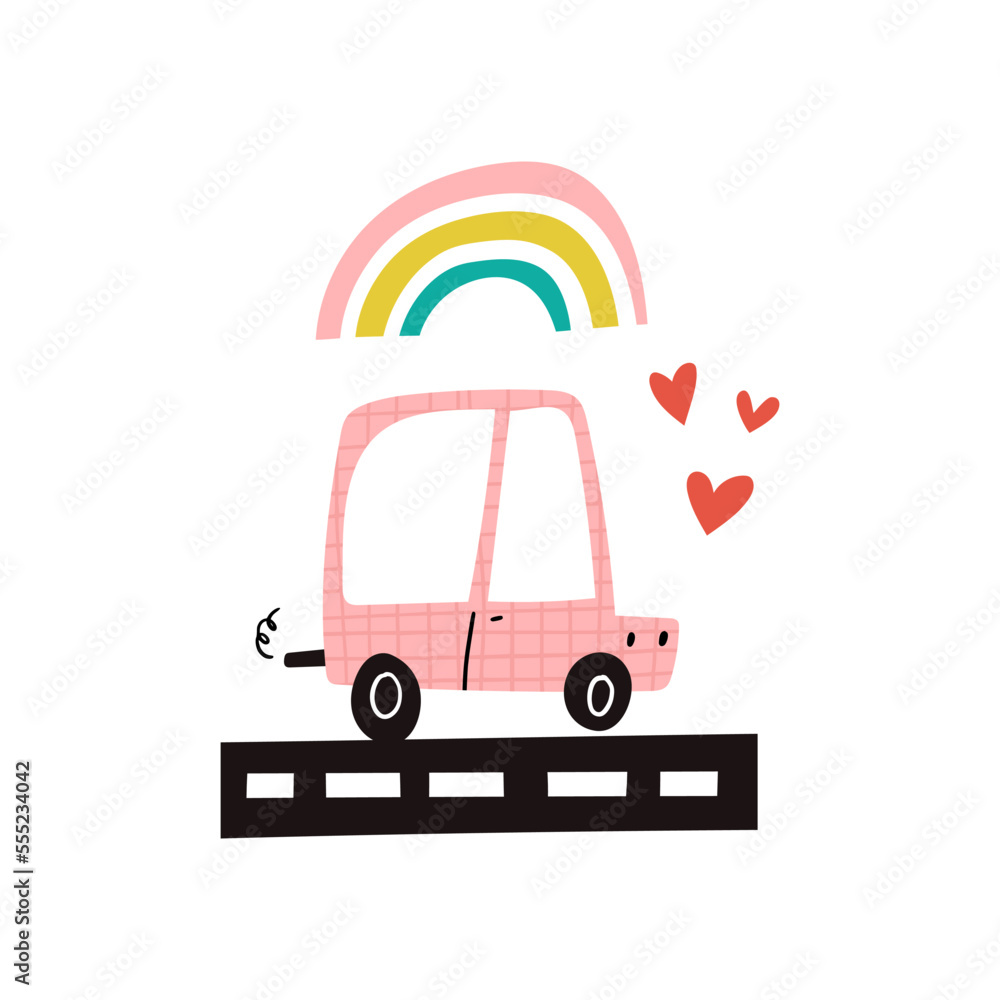 Cute pink car rolling on a road, rainbow and heart shapes isolated on ...
