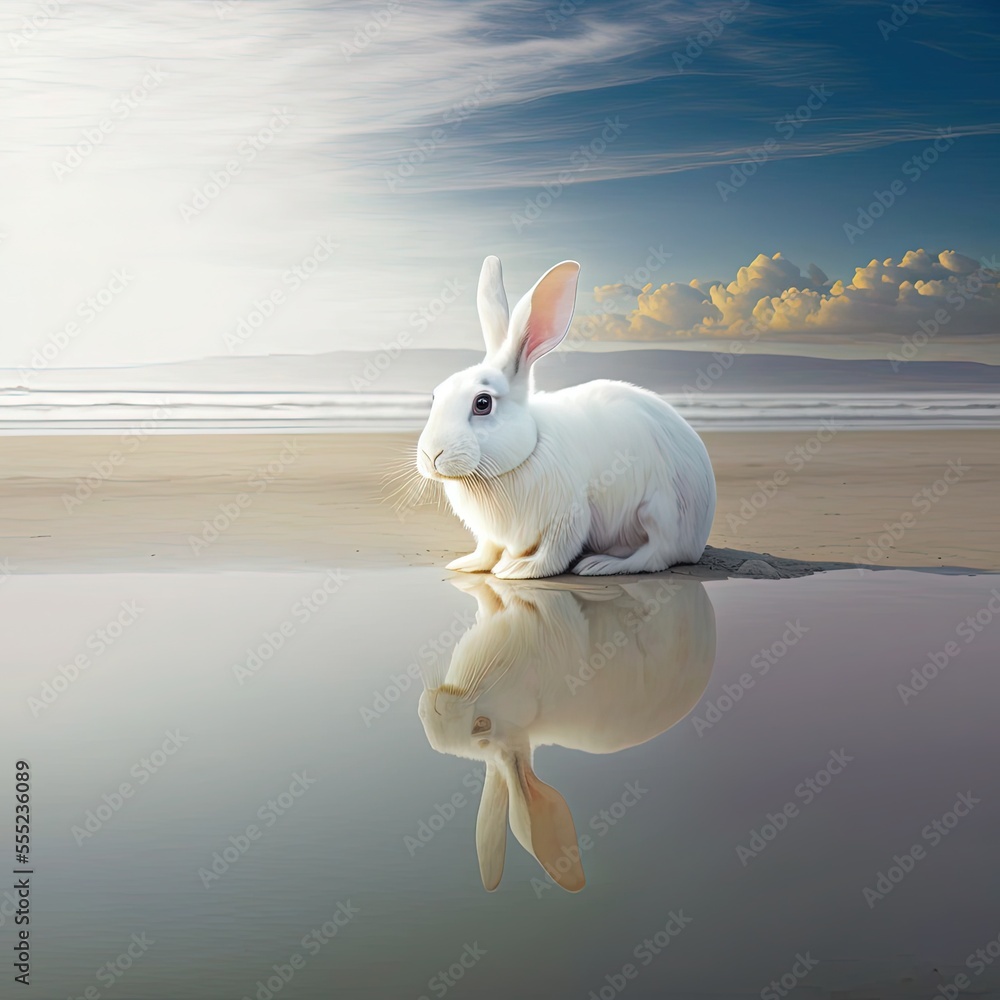 Rabbit and reflection, water rabbit, rabbit at the sea, rabbit year ...