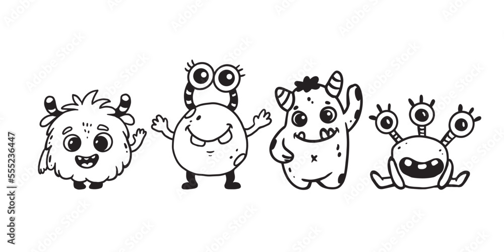Set of cute cartoon monsters in doodle style.Funny characters on white ...