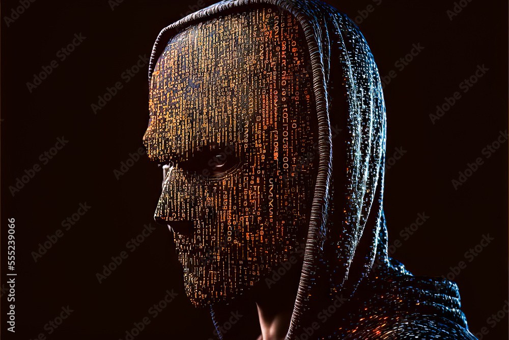 Anonymous mask inspired digital code falling down a black background ad ...