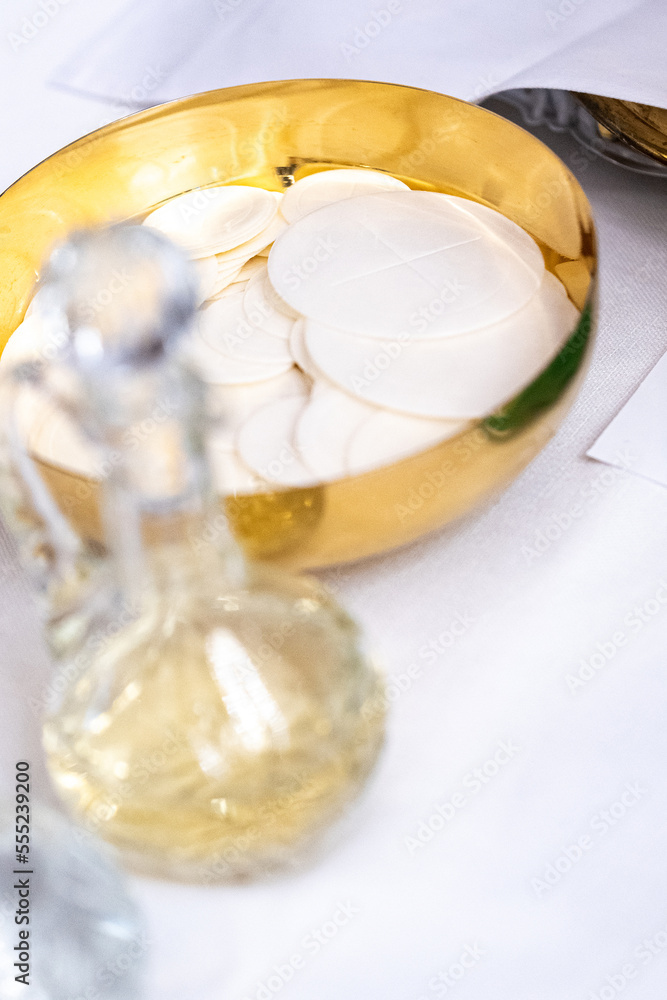 Golden eucharistic vessel with communicants. Holy Communion in the ...