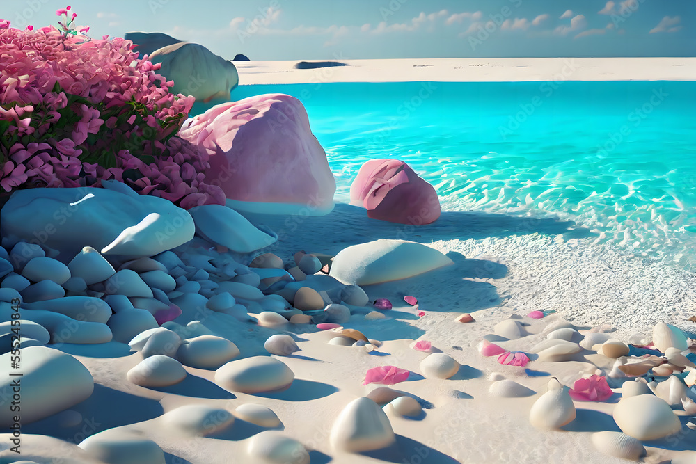 On the pink beach of romantic Maldives, there are many light blue and ...