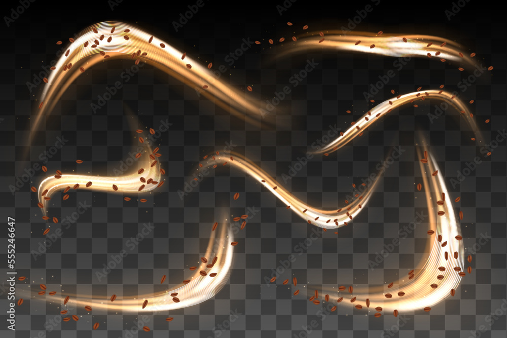 Abstract wind swirls with gold leaves and sparkles isolated. Realistic ...