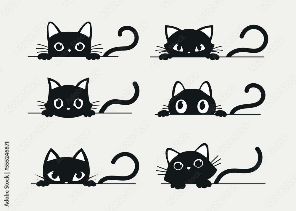 Set of black cats looking out the window. Collection of cartoon cats ...
