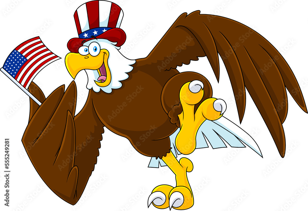 Crazy Patriotic Eagle Cartoon Character Wearing A USA Hat And Waving An ...