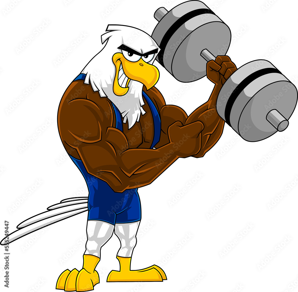 Smiling Eagle Bodybuilder Cartoon Character With Big Dumbbell. Hand ...