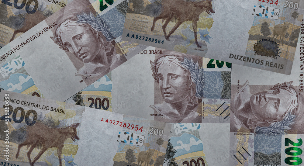 Brazilian banknote of two hundred Reais front and back in full frame ...