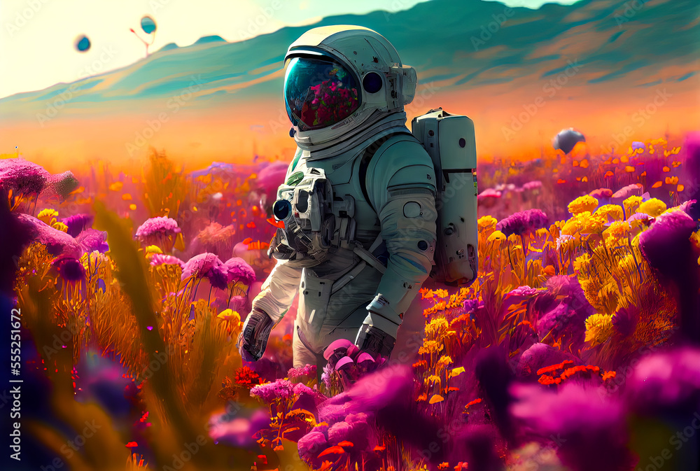 Astronaut picking beautiful flowers on a mesmerizing alien planet ...