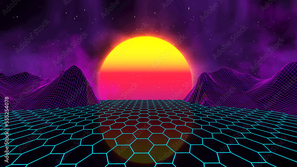 Retro futuristic sunset. Waporwave 80s background disco. Space Neon ...