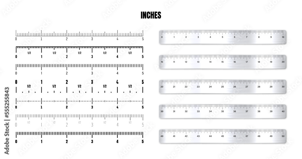Realistic metal rulers with black inch scale for measuring length or ...
