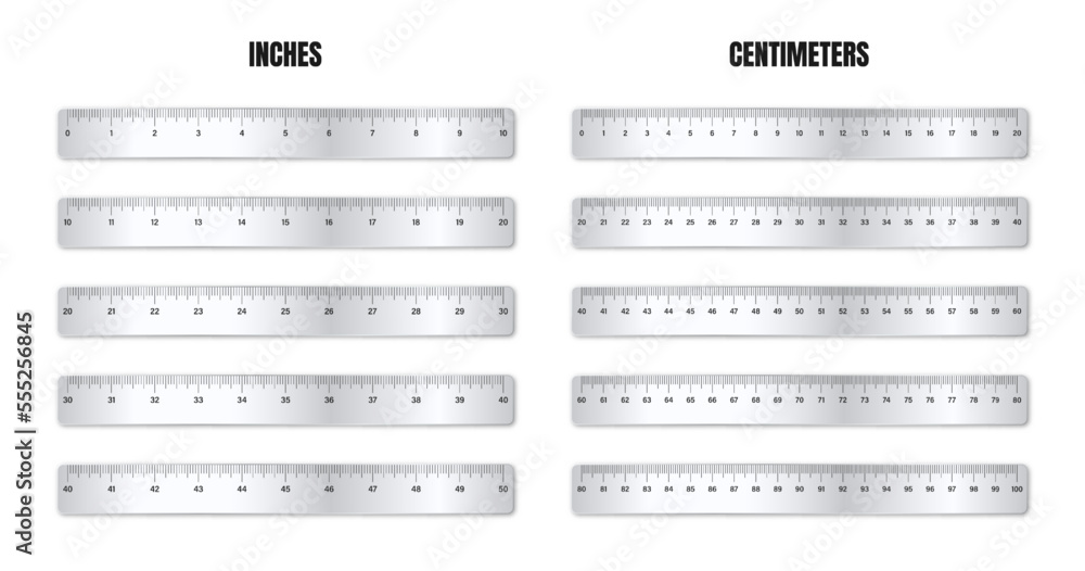 Realistic various shiny metal rulers with measurement scale and ...