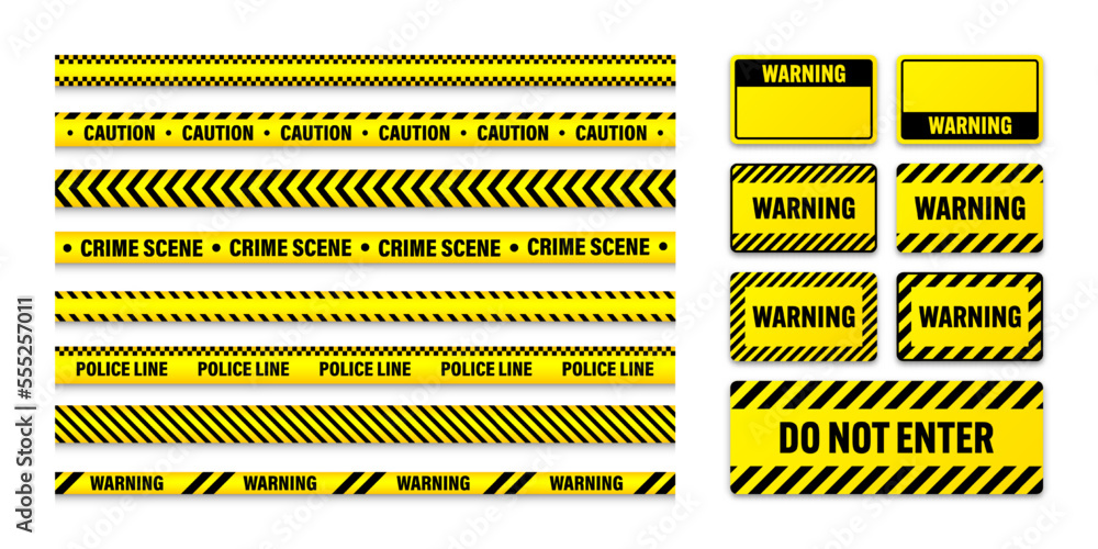 Various barricade construction tapes and warning shields. Yellow police ...