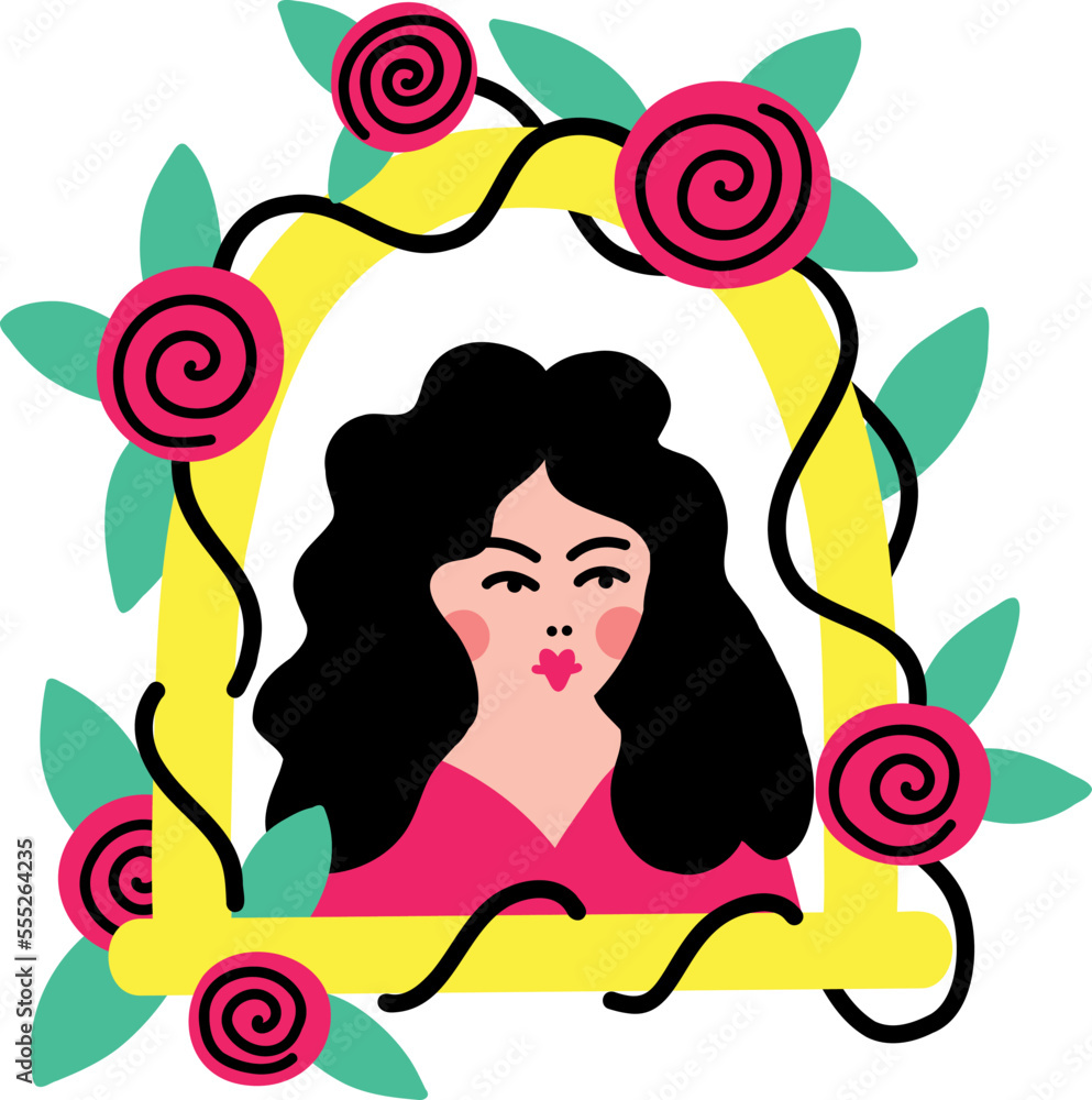 Vintage Retro Girl portrait in floral golden frame. Cute cartoon vector ...