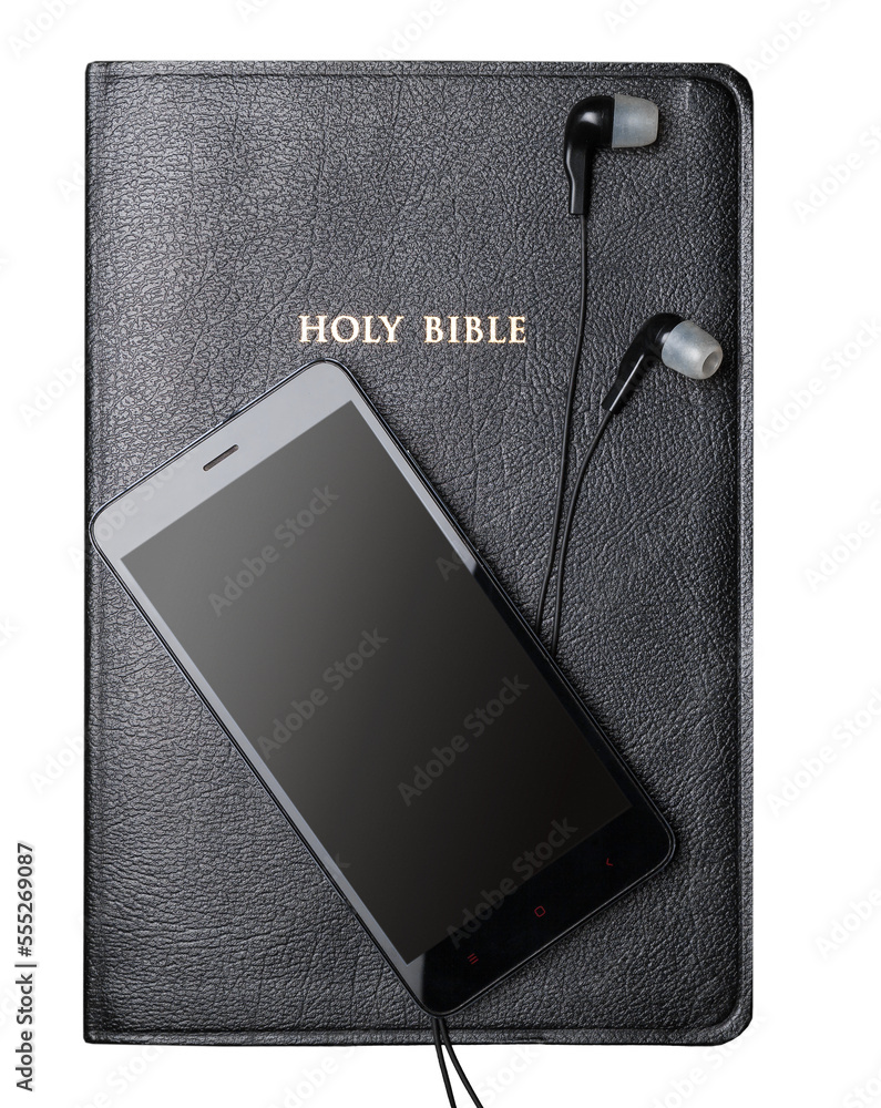 Holy open bible with headphones and mobile phone Stock Photo | Adobe Stock