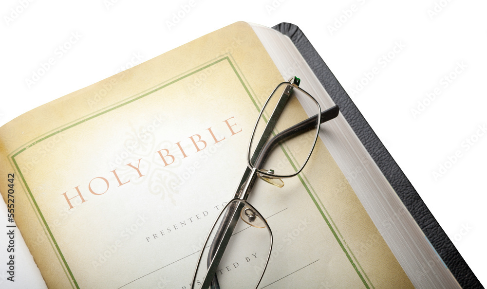 Old open Bible with glasses for reading Stock Photo | Adobe Stock