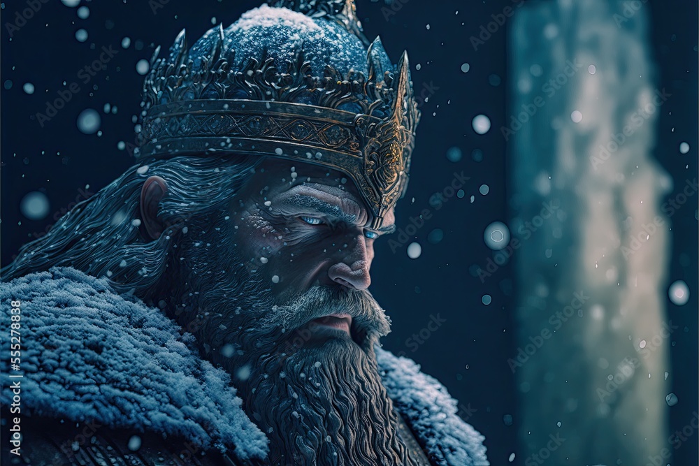 Generative AI digital art of an old king wearing a frozen crown during ...