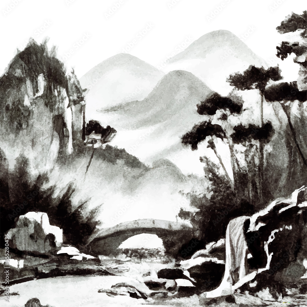 Traditional Chinese paint brush style mountainous landscape with stone ...