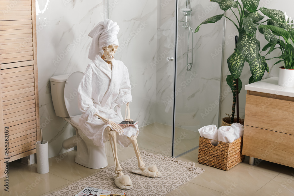 Skeleton in bathrobe with mobile phone sitting on toilet bowl Stock ...